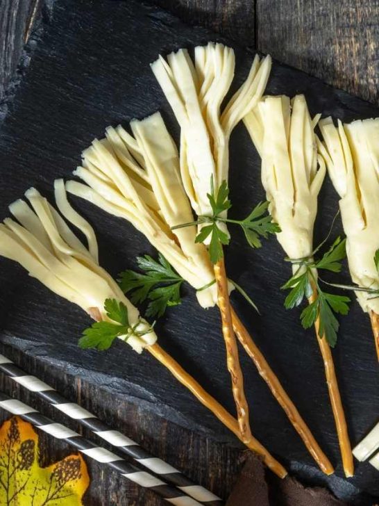 Halloween Cheese and Pretzel Broomsticks